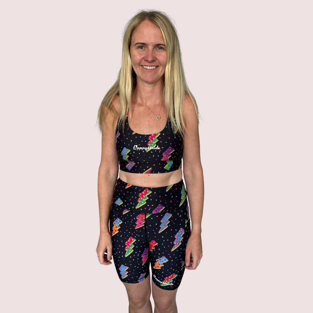 "Quick as a flash" lightening strikes print running & fitness crop top ...